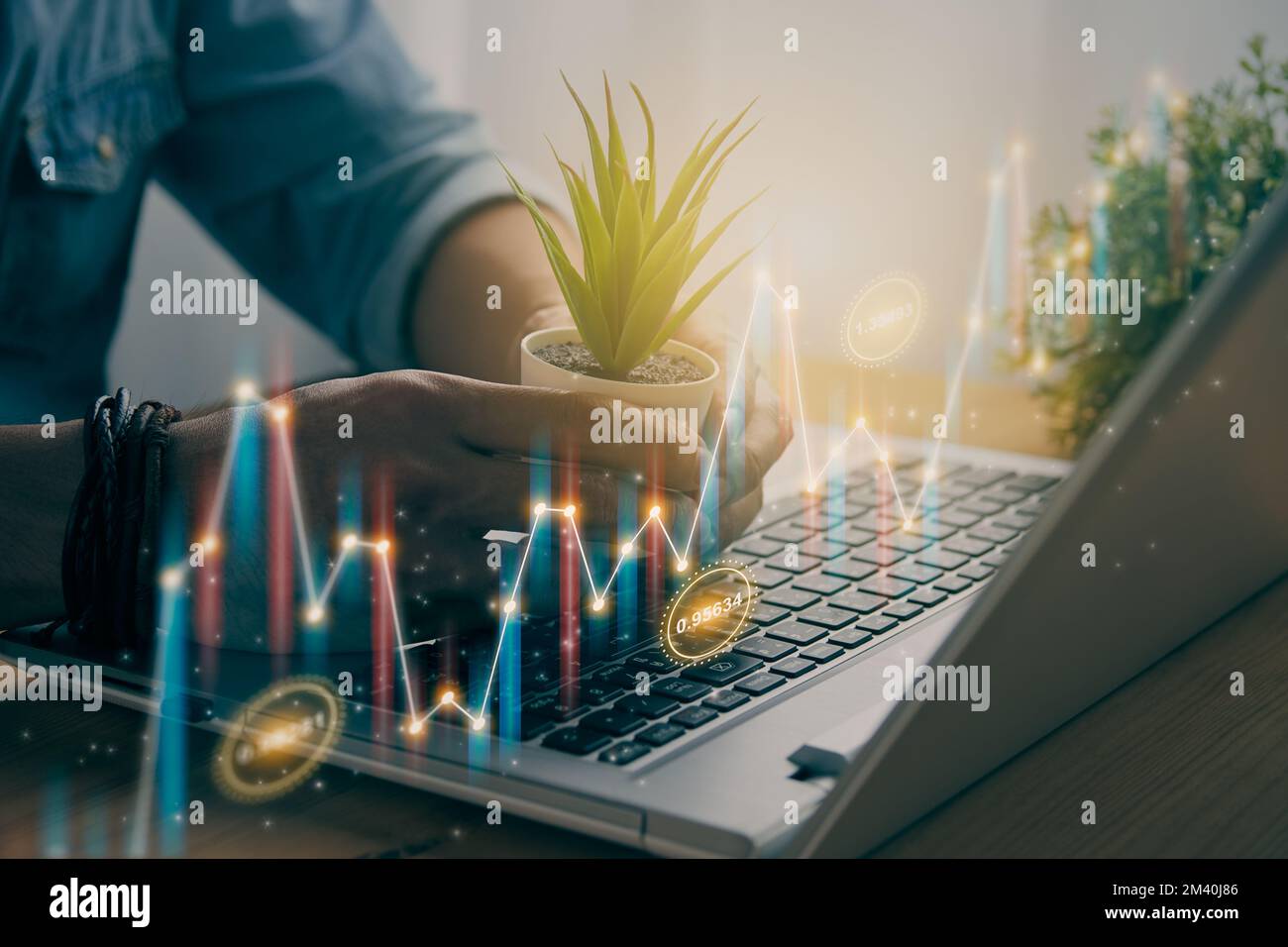 Casual Businessman Hand Hold Office Plants with Color Slant Number ...