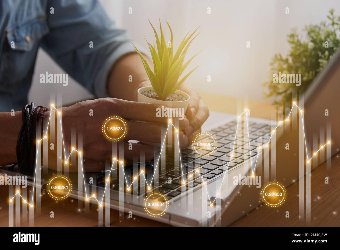 Casual Businessman Hand Hold Office Plants with Number Value, Stock Bar ...