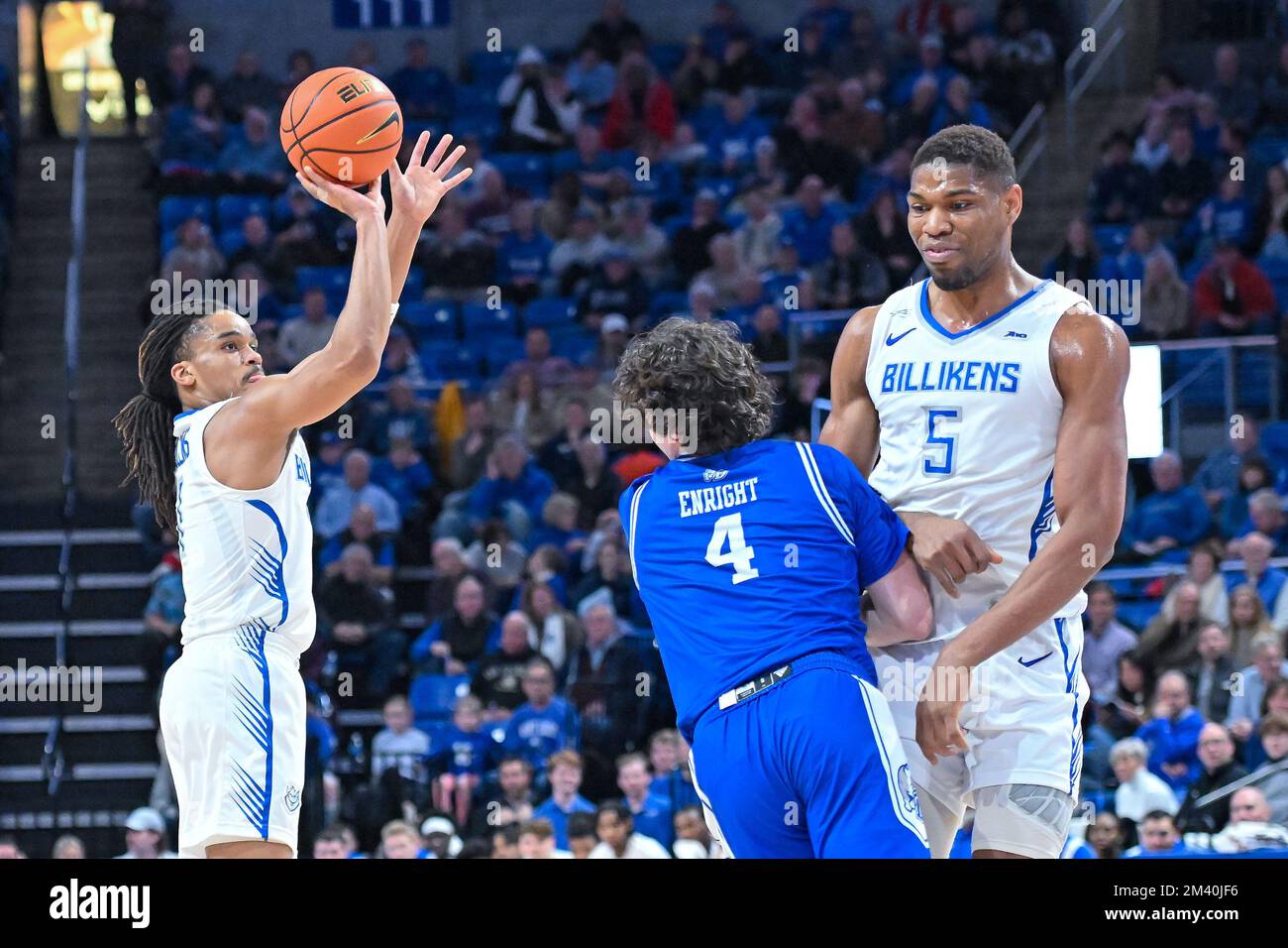 DECEMBER 17, 2022: Saint Louis Billikens guard Yuri Collins (1) uses the screen of Saint Louis ...