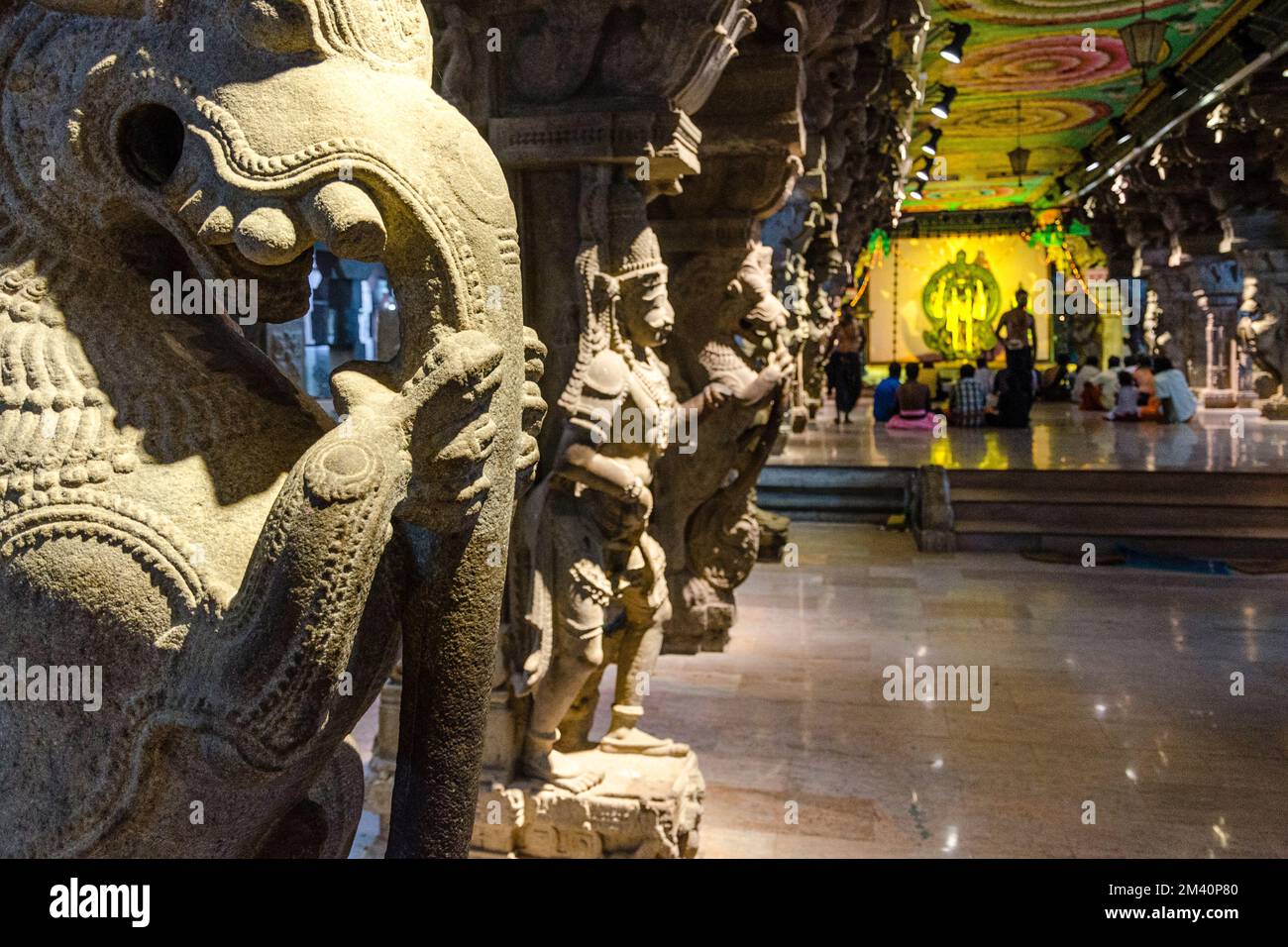 The inside of the Menakshi-Sundareshwara Temple is decorated with ...