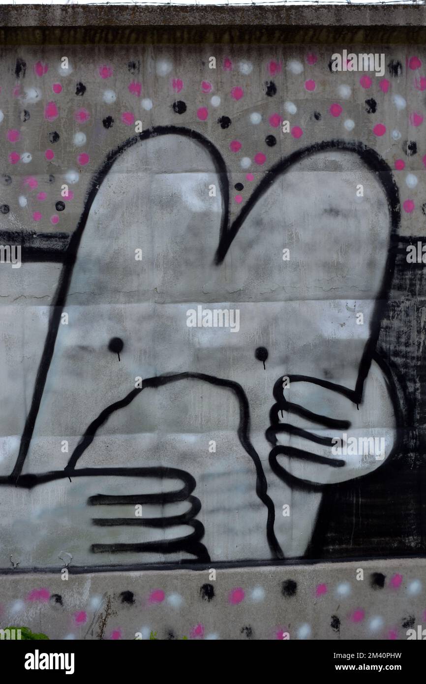 Graffiti, drawn with a white, black, pink spray drawing of a man in the ...