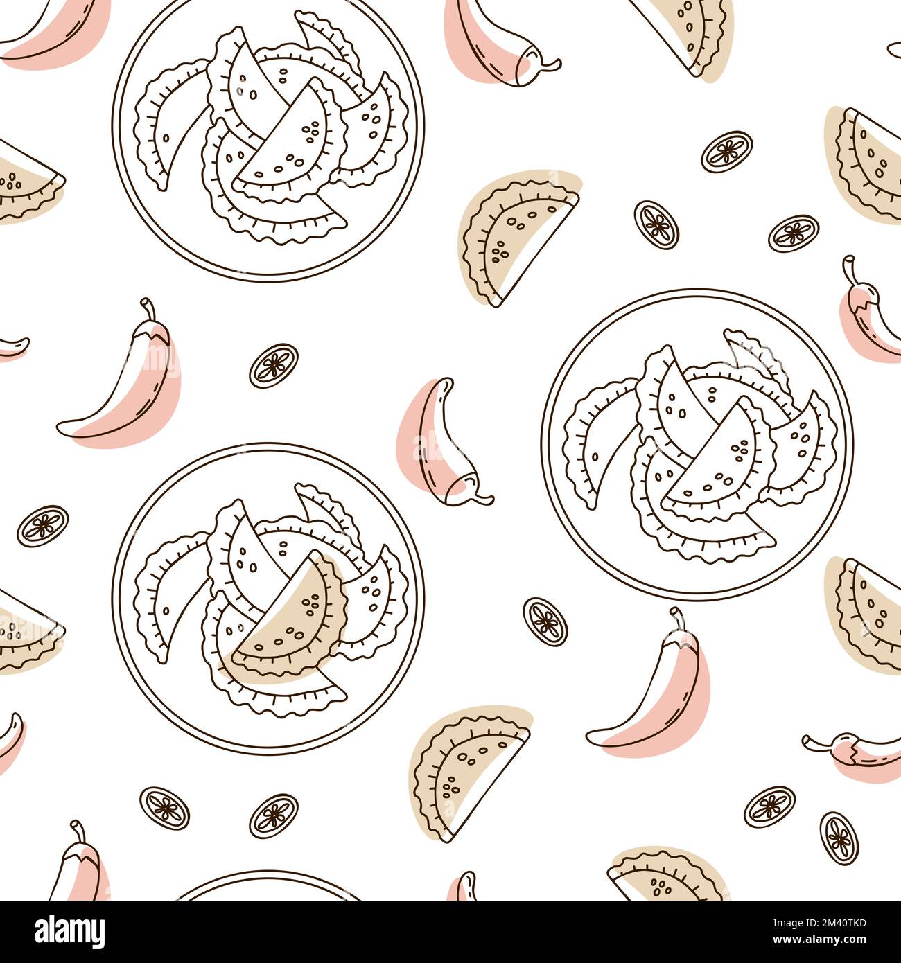 Seamless pattern with Mexican Empanadas on white background with chili ...