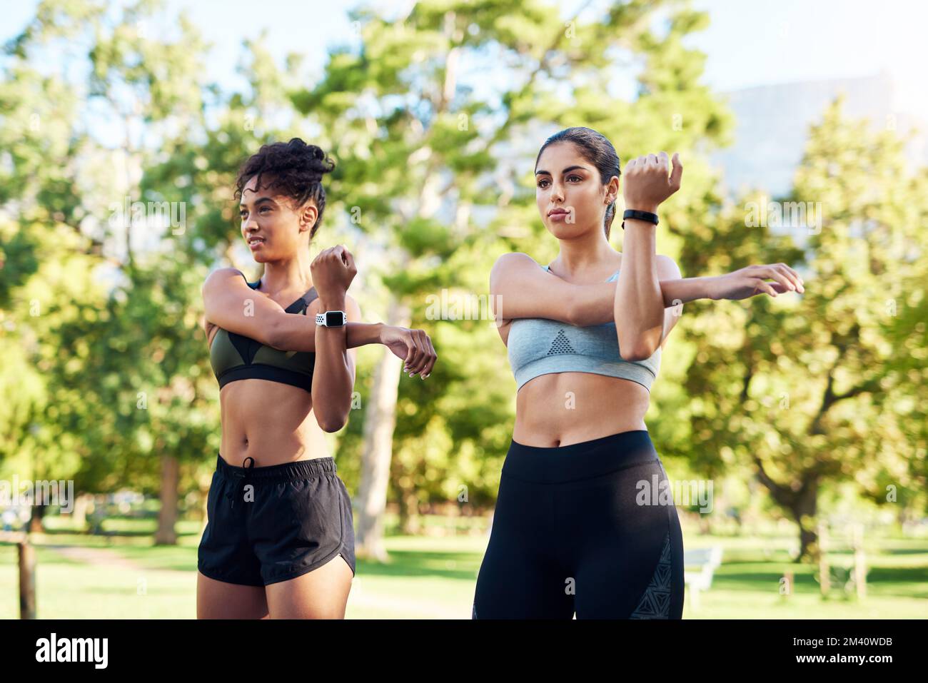 Feel that stretch. two attractive young women stretching next to each other in the park during ...