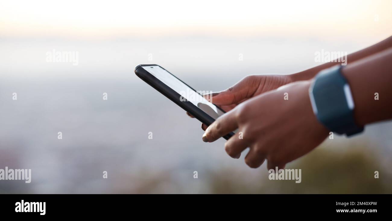 Runner hands, phone and smartwatch for fitness, health or heart rate at ...