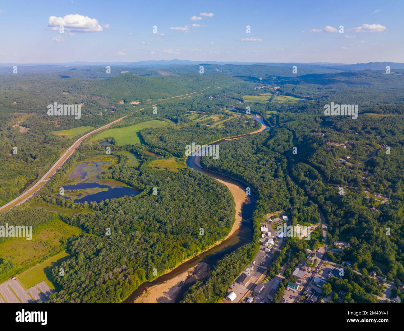 Pemigewasset River and Interstate Highway 93 south bound aerial view in ...