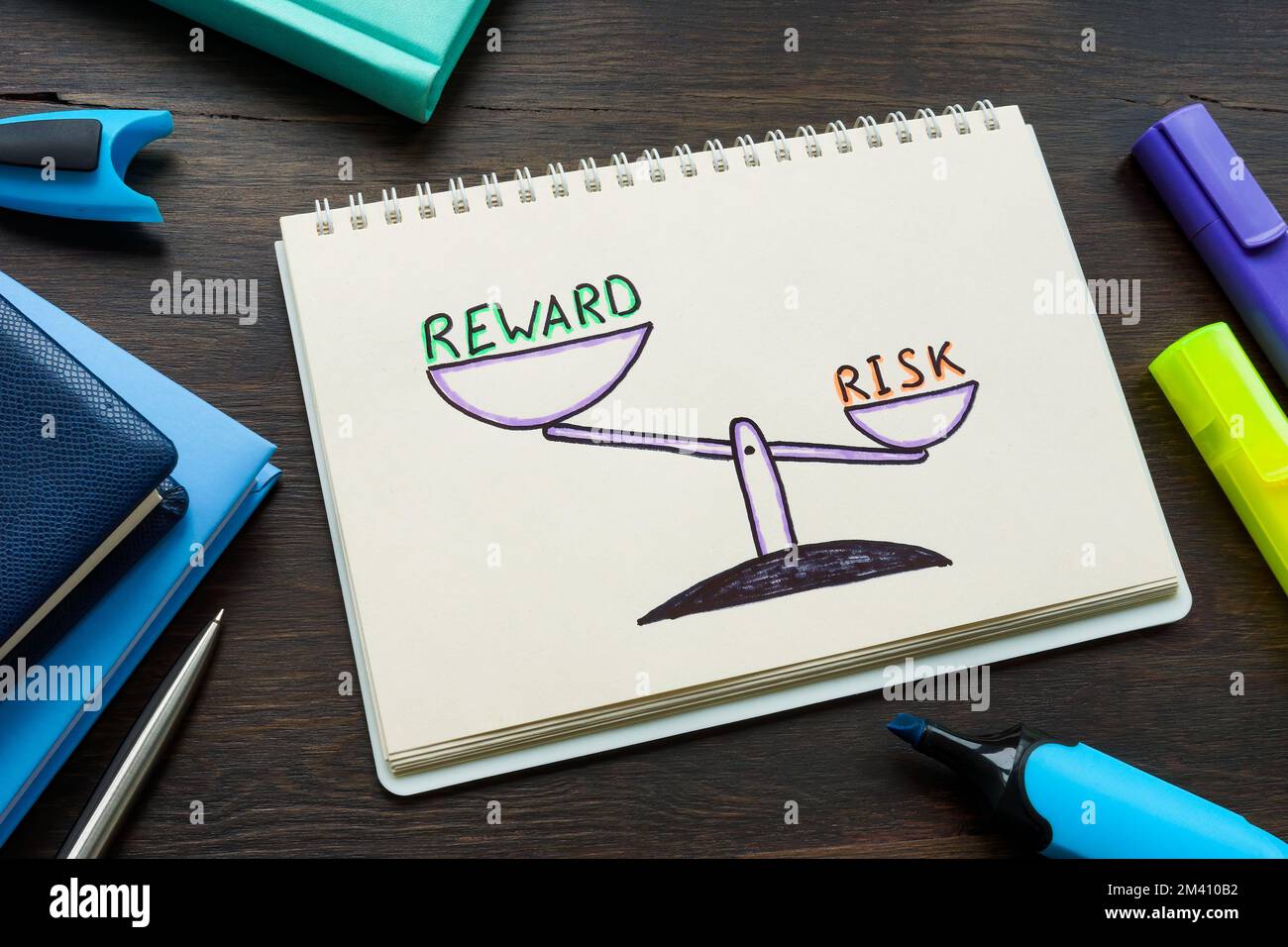 Drawn scales with inscriptions reward and risk. Negativity Bias concept ...
