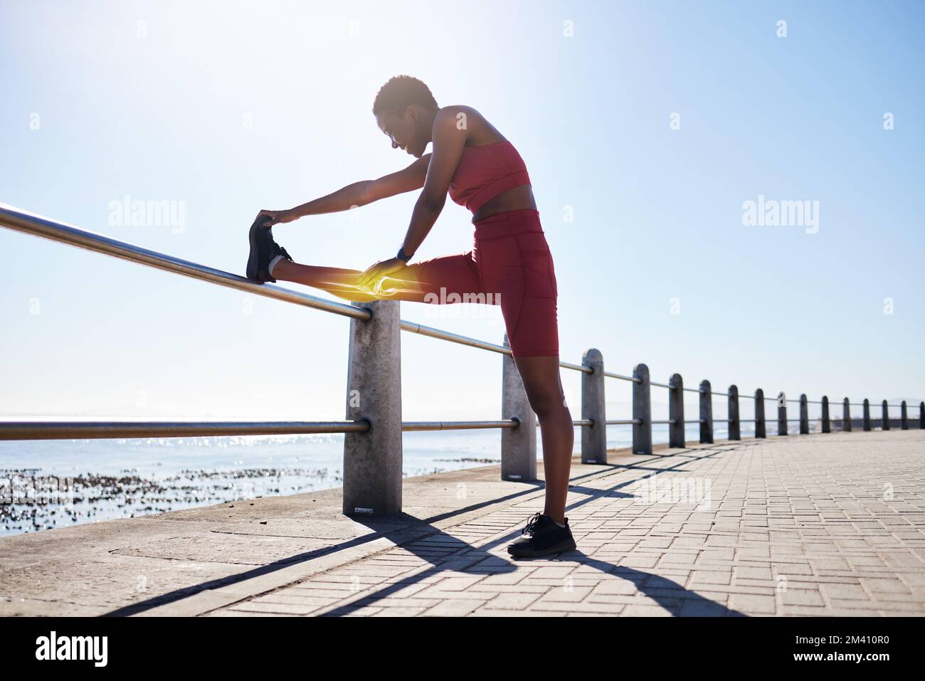 Black woman, stretching legs and bone anatomy for fitness, exercise and ...