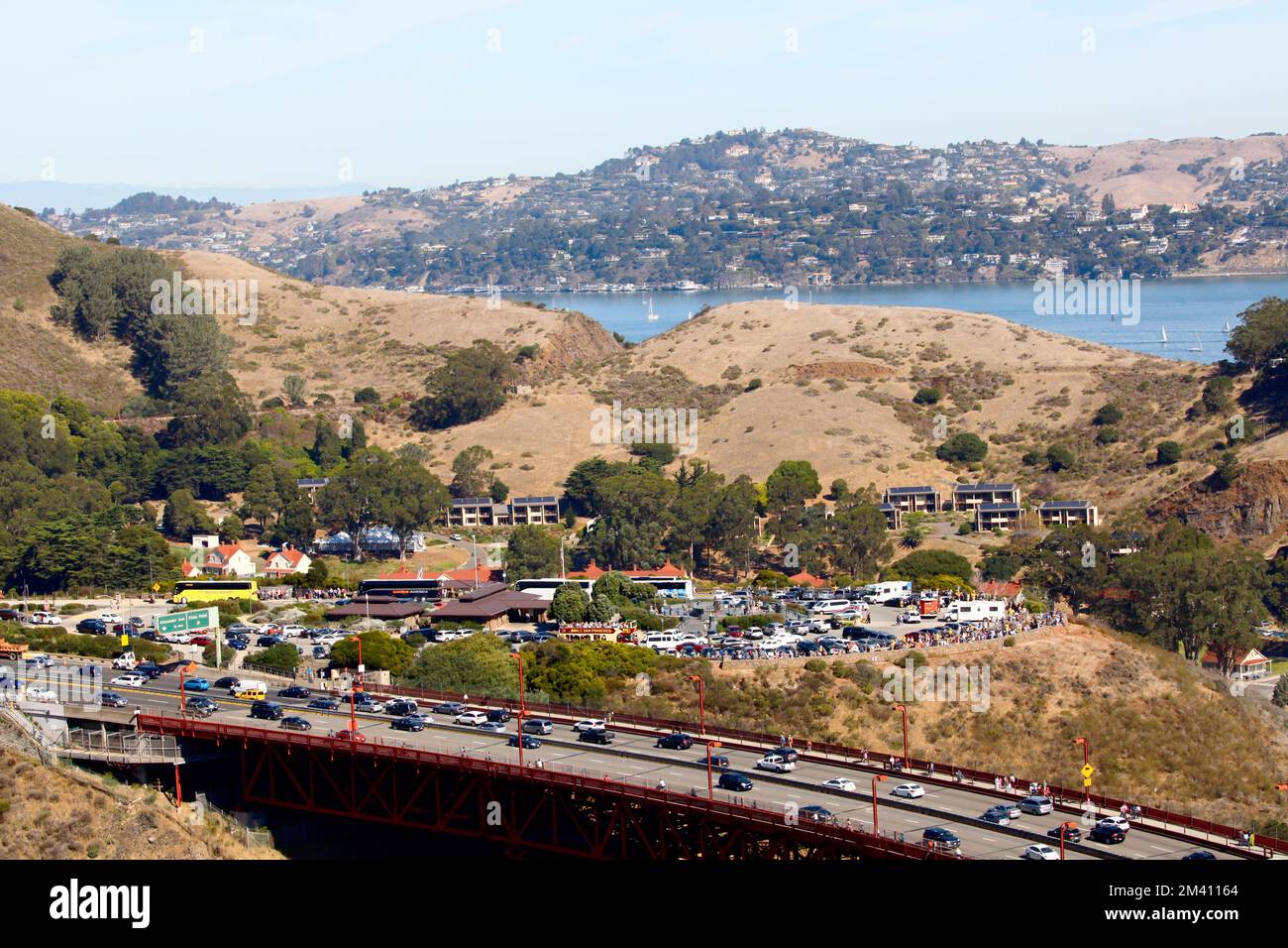 An aerial view of Golden Gate Bridge, San Francisco with hills behind ...