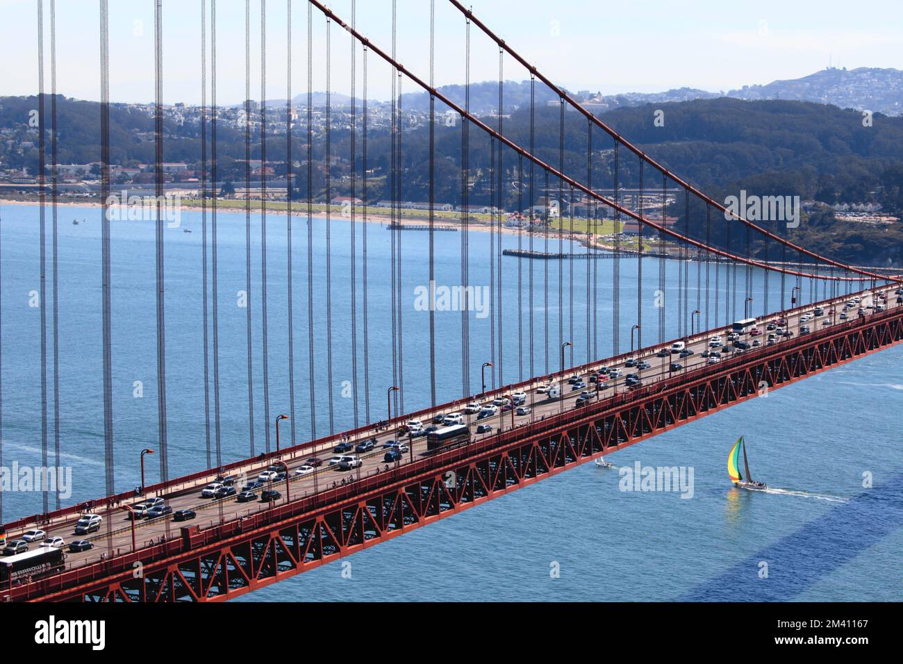An aerial view of Golden Gate Bridge, San Francisco over the water with ...