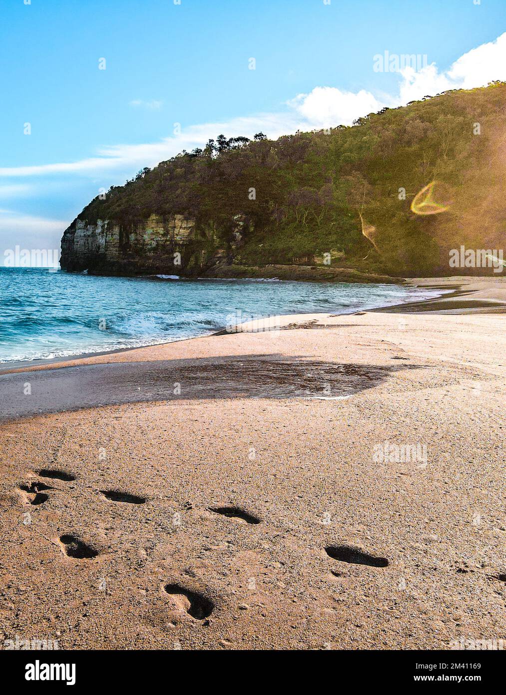 A track of footprints over a sandy beach on the south coast of NSW with ...