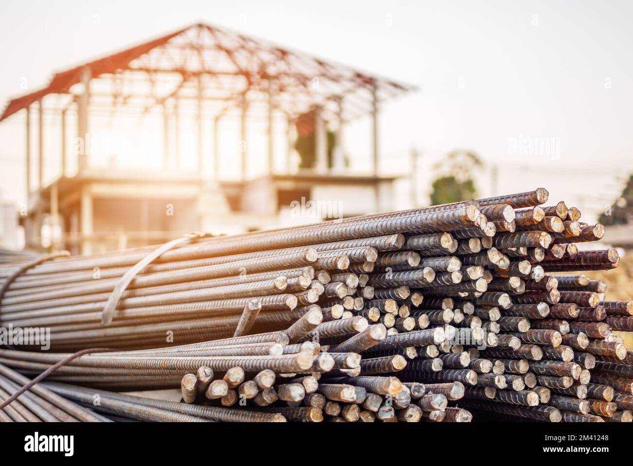steel rebar for reinforcement concrete at construction site with house ...