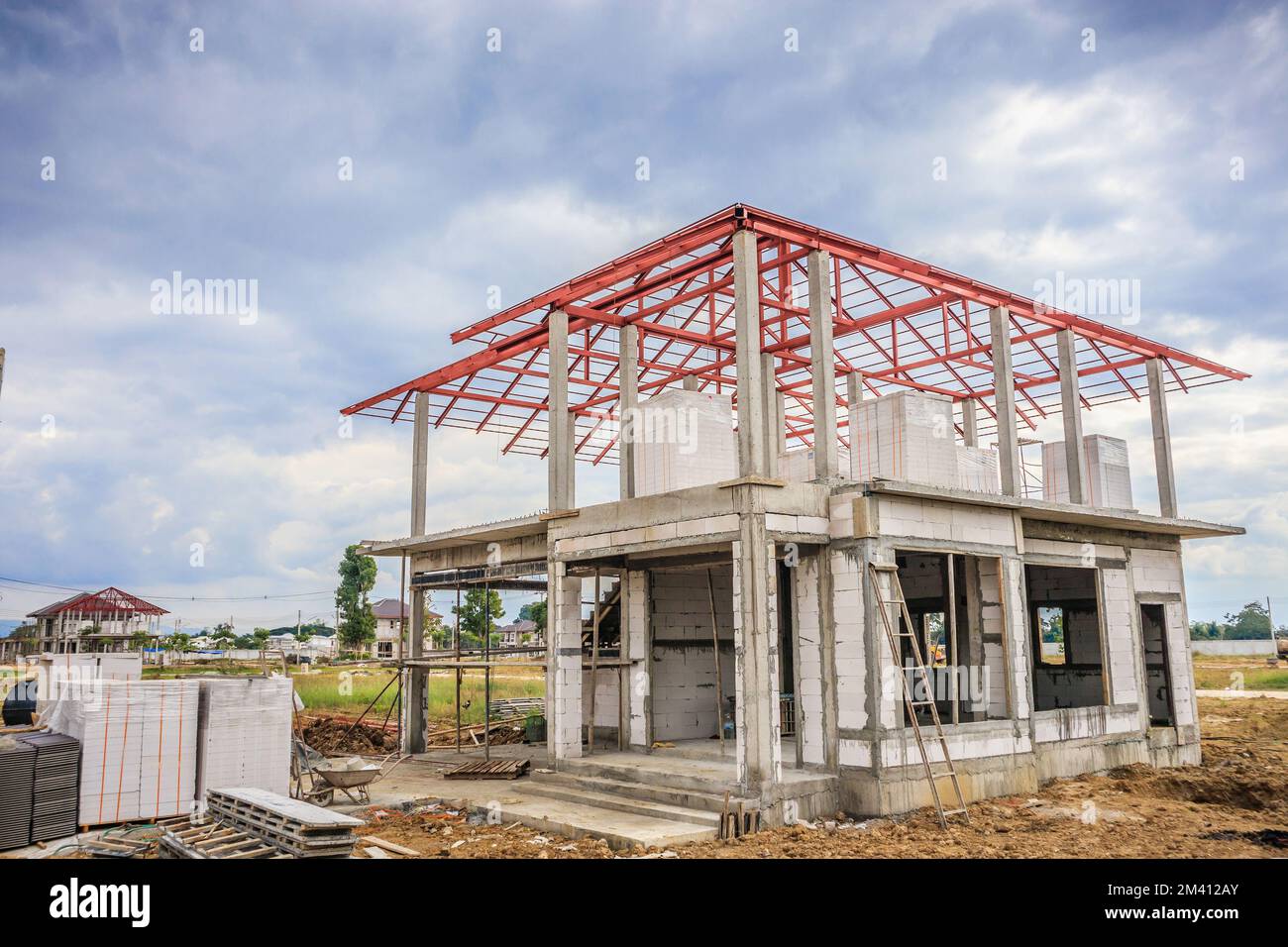 construction residential new house in progress at building site Stock ...
