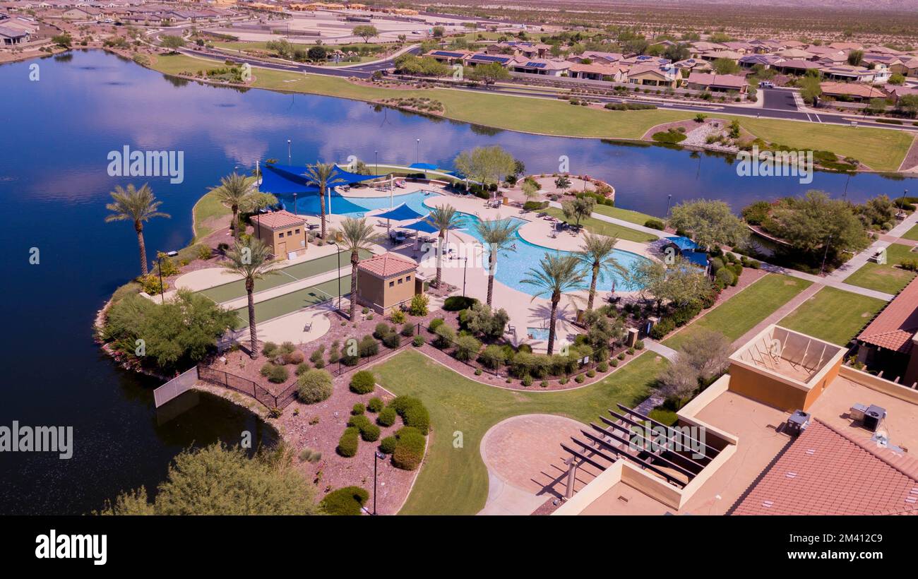 A bird's eye view of Community Center with a pool in Goodyear, Arizona ...