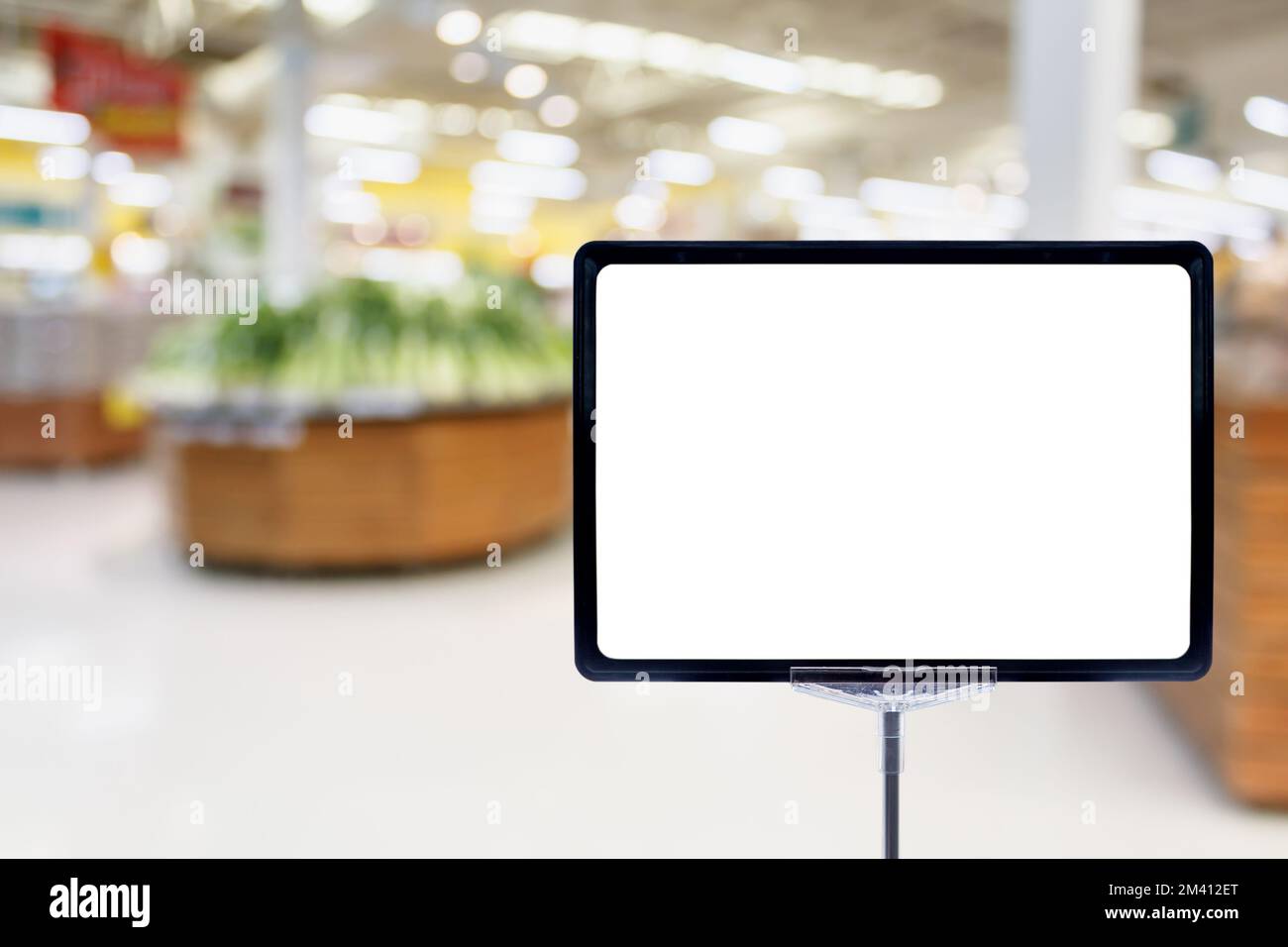 Blank price board with fresh food in supermarket abstract blurred ...