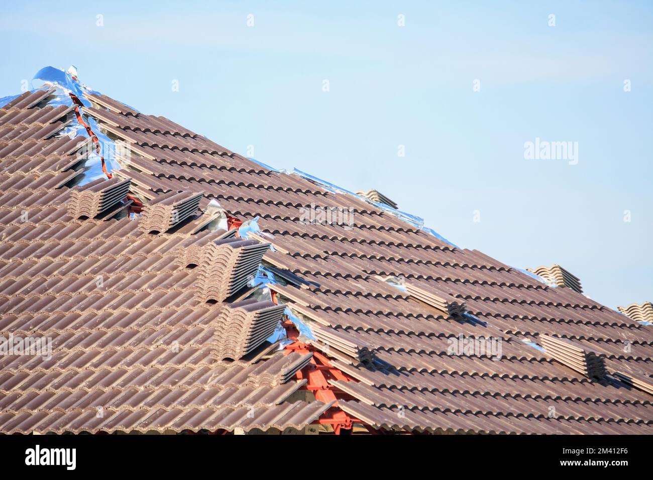 Roof house construction with lots of tile prepare to Install Stock ...