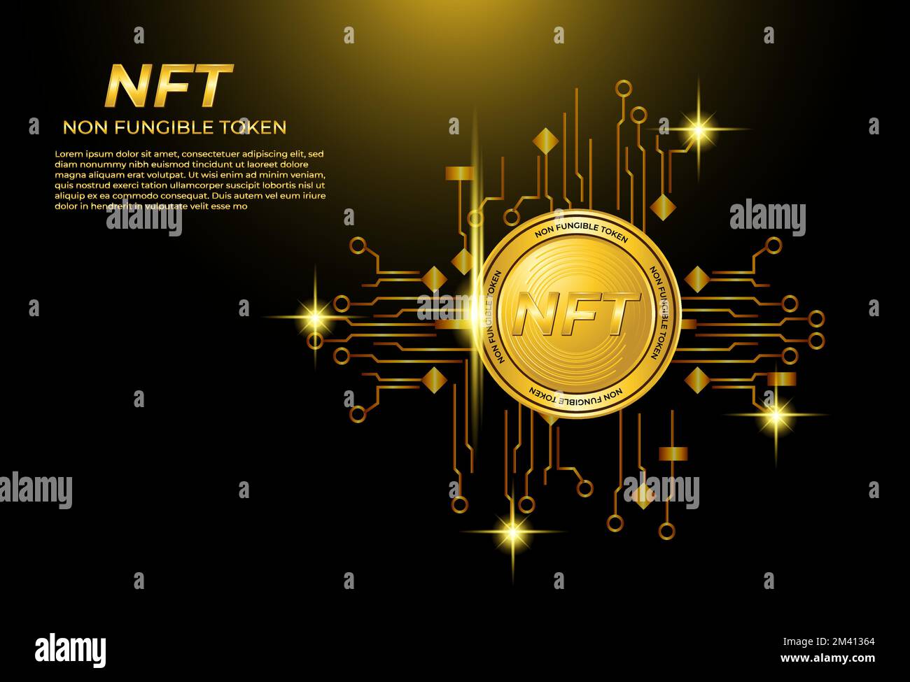 A golden non fungible token NFT on the black background with editable ...