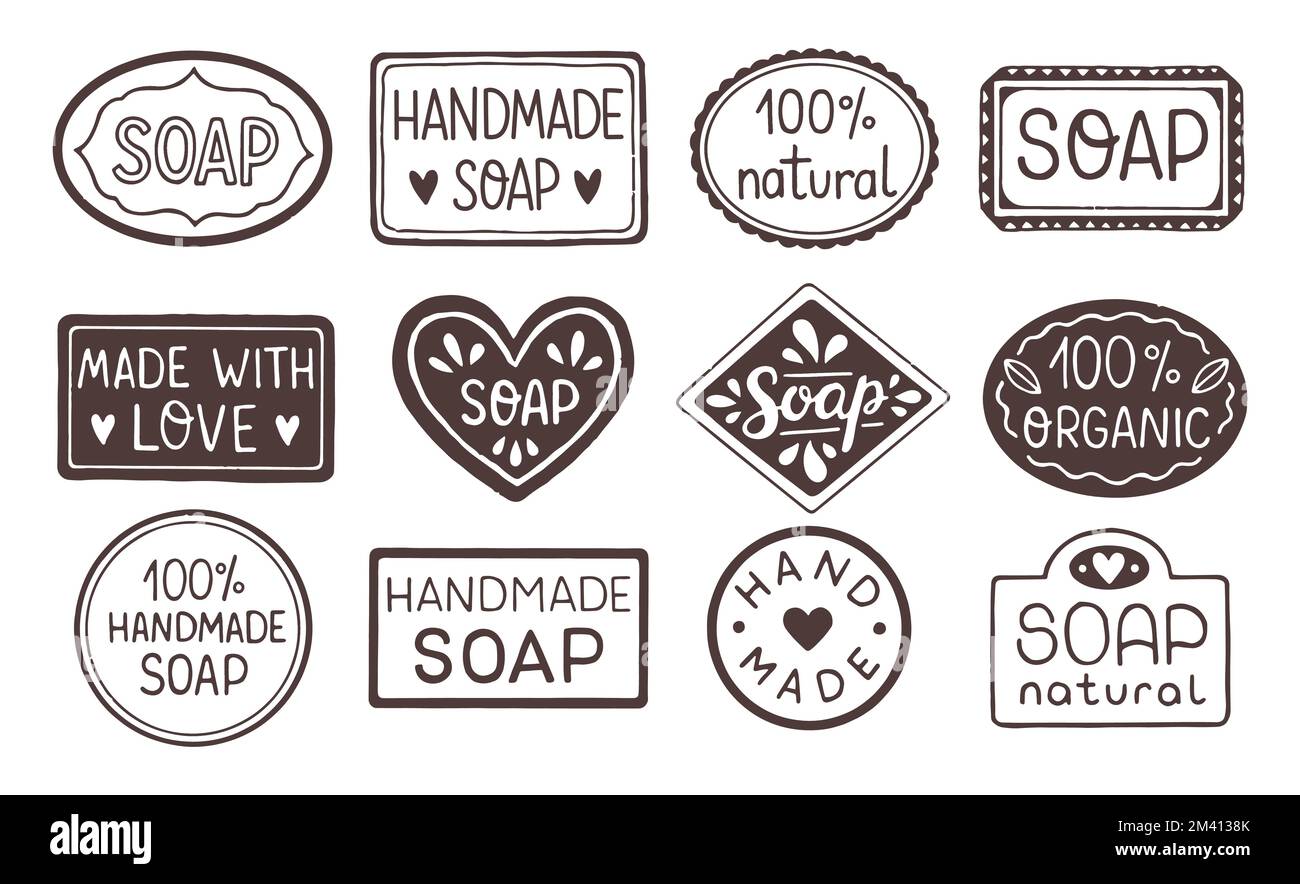 Hand drawn labels for handmade soap bars. Handmade soap stamp. Set of ...