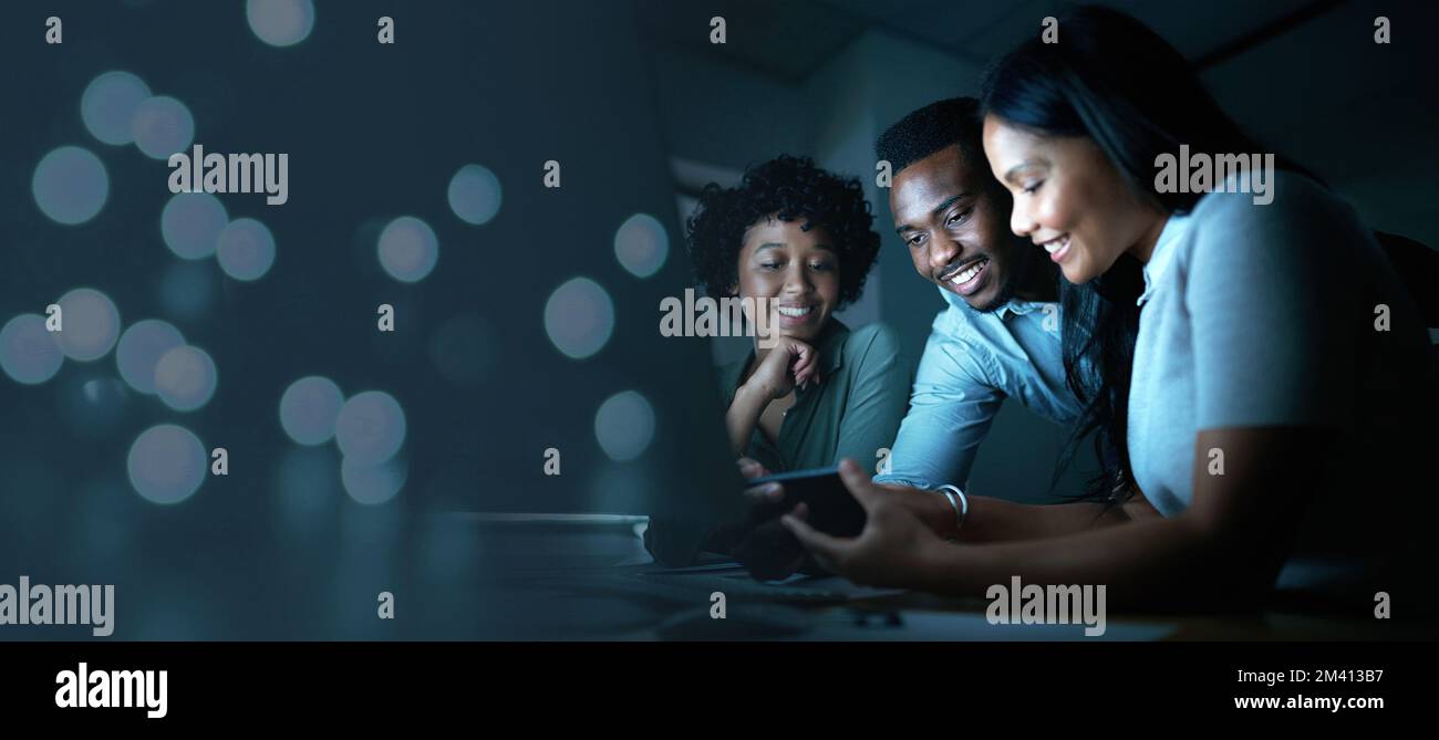 Collaboration, night and mockup with a business team working overtime ...