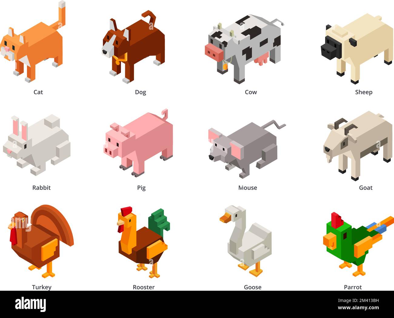Isometric domestic animals. Low poly pets and farm birds. Squared cat ...