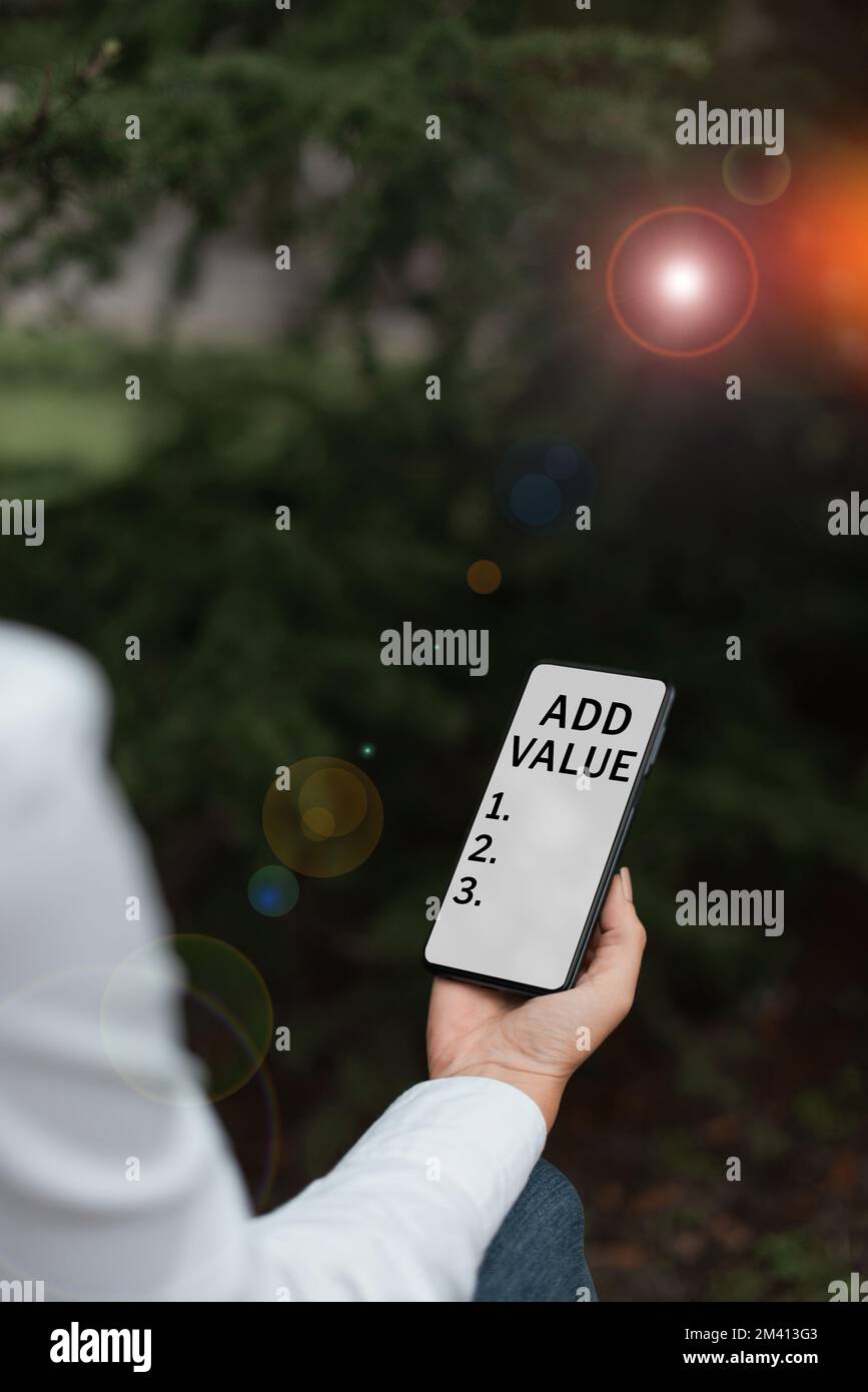 Conceptual display Add Value. Word for an improvement or addition to ...