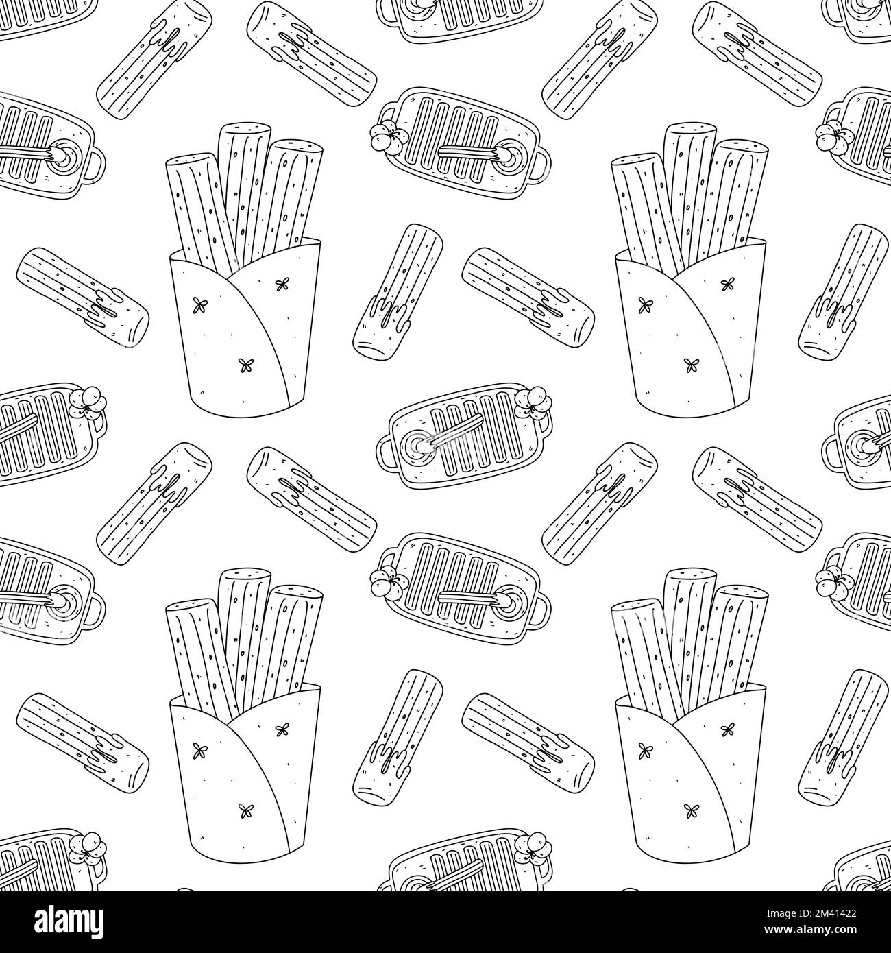 Churros in hand drawn doodle style. Mexican snack seamless pattern ...