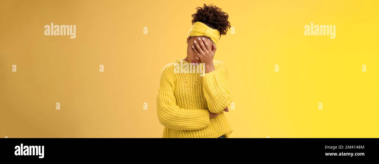 Upset tired african-american female entrepreneur facepalm bow head ...