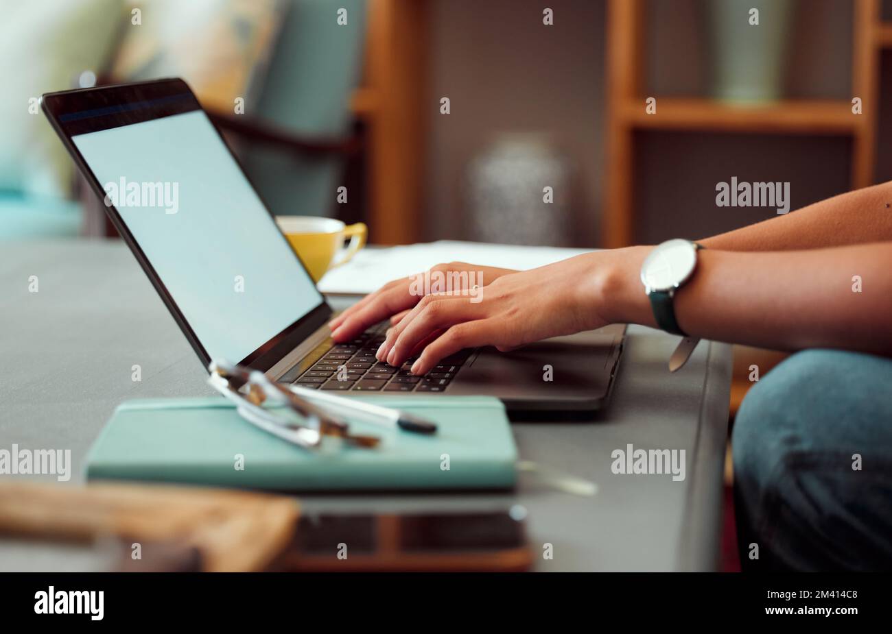 Blank screen, business man hands on computer and digital monitor mockup ...