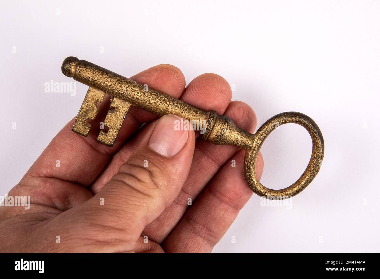 Gilded key in a man's hand. White background Stock Photo - Alamy