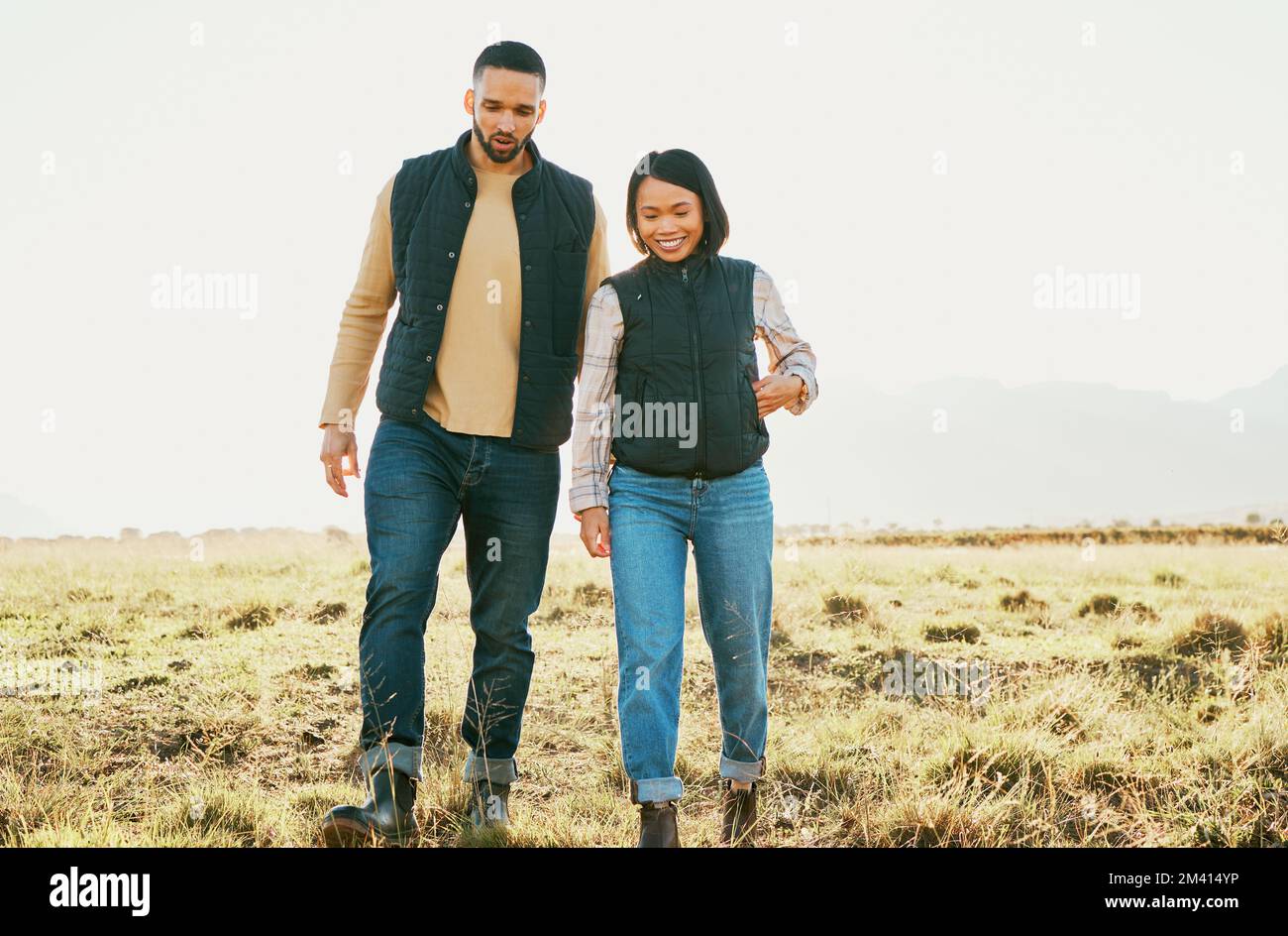 Farming couple, bonding or walking on nature field, sustainability ...
