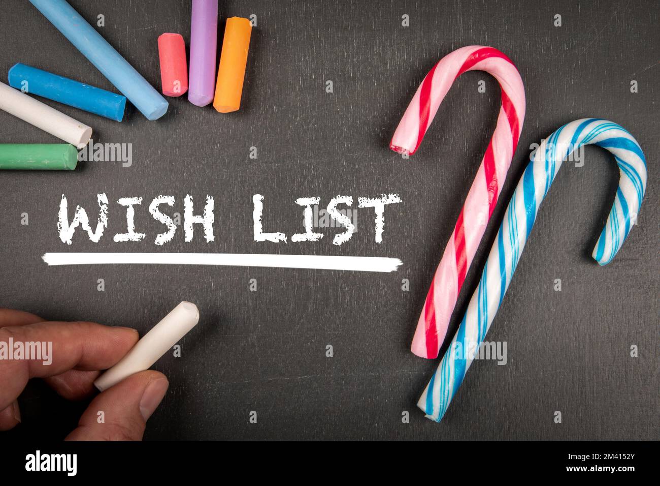 WISH LIST. Text and Christmas sweets on a dark chalkboard Stock Photo ...