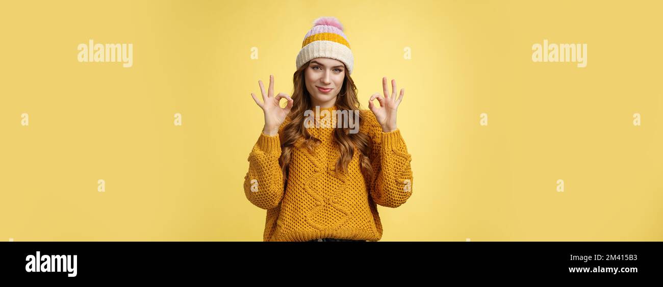 You look awesome. Portrait satisfied good-looking girl show okay ...