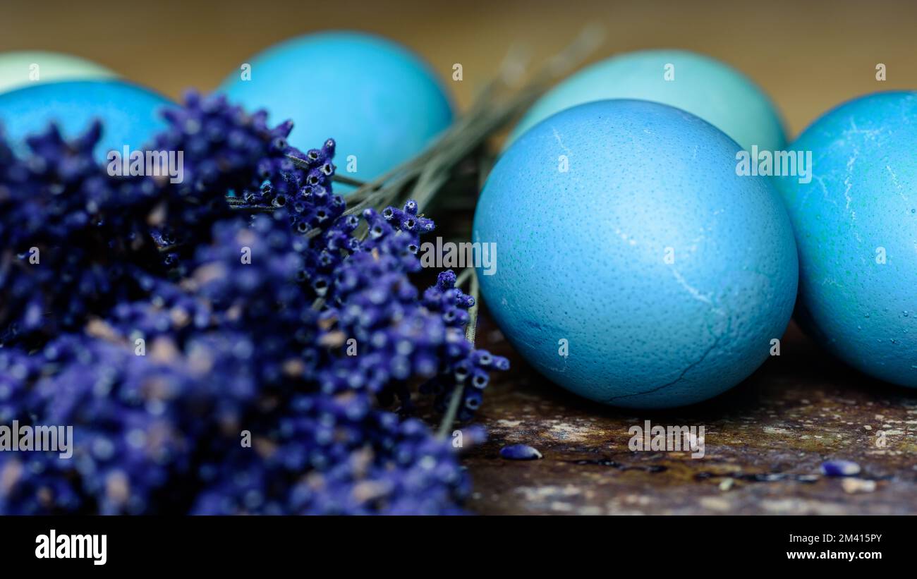 Happy Easter rustic concept. DIY dyed various shades of blue Easter ...