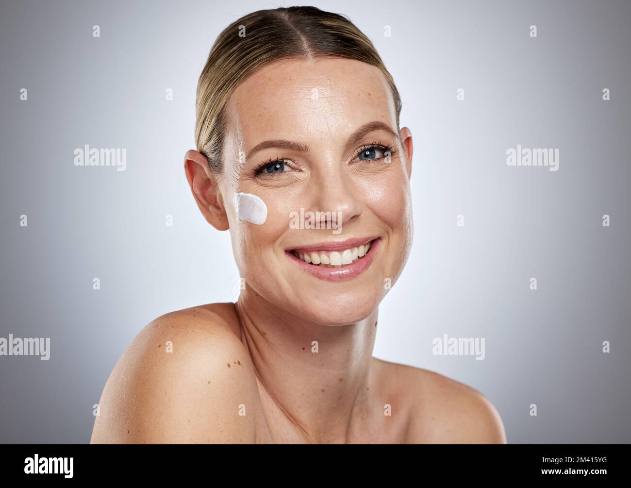 Beauty, skincare and face cream with a smile while happy about ...