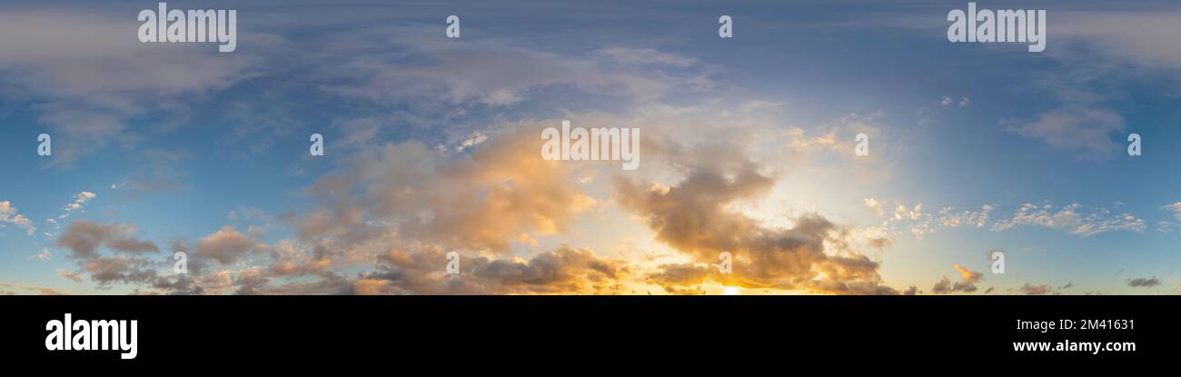 Dark blue sunset sky panorama with golden Cumulus clouds. Seamless hdr ...