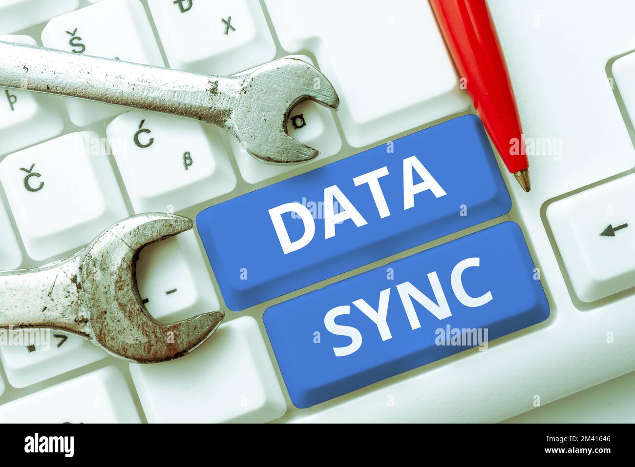 Sign displaying Data Sync. Business overview data that is continuously generated by different ...
