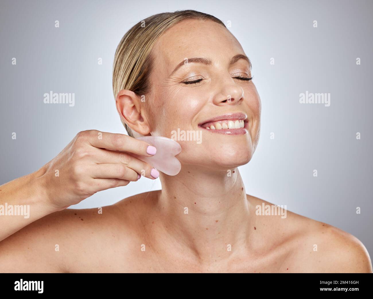 Gua Sha Skincare And Woman With Face Massage Self Care Product And