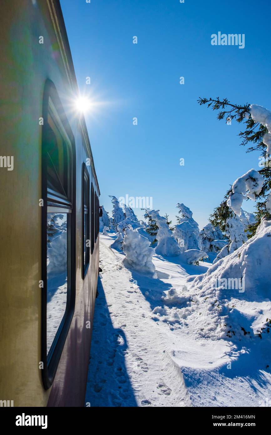 Steam train during winter in the snow in the Harz national park Germany ...