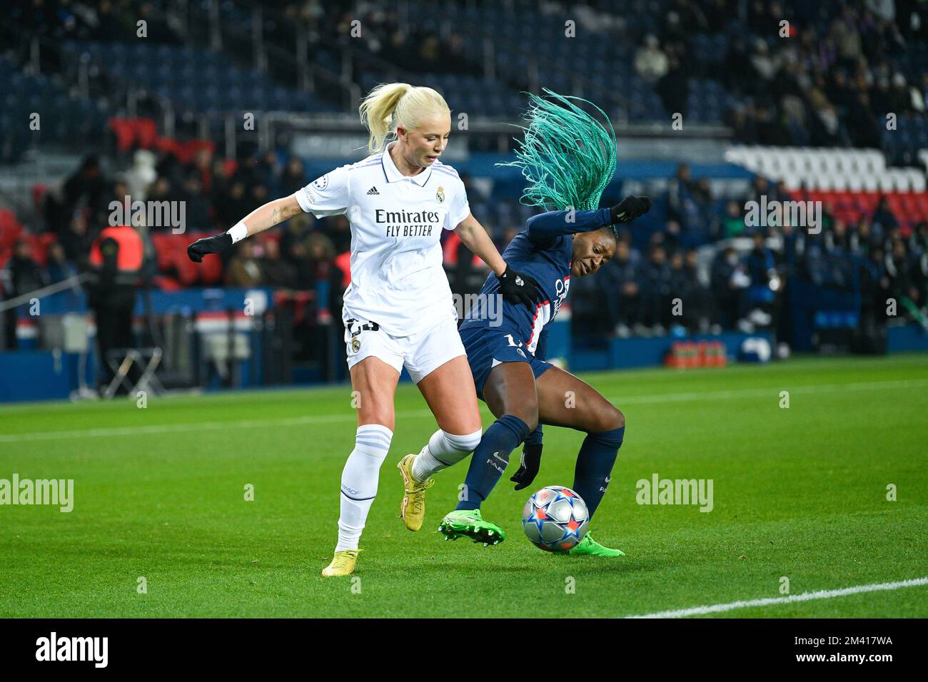 Sofie Svava of Madrid and Kadidiatou Diani of PSG during the UEFA Women ...