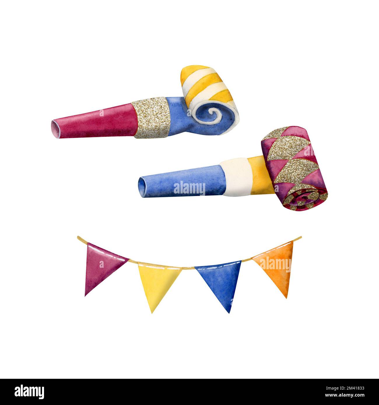 Realistic multicolor party blower whistles and festive flags ...