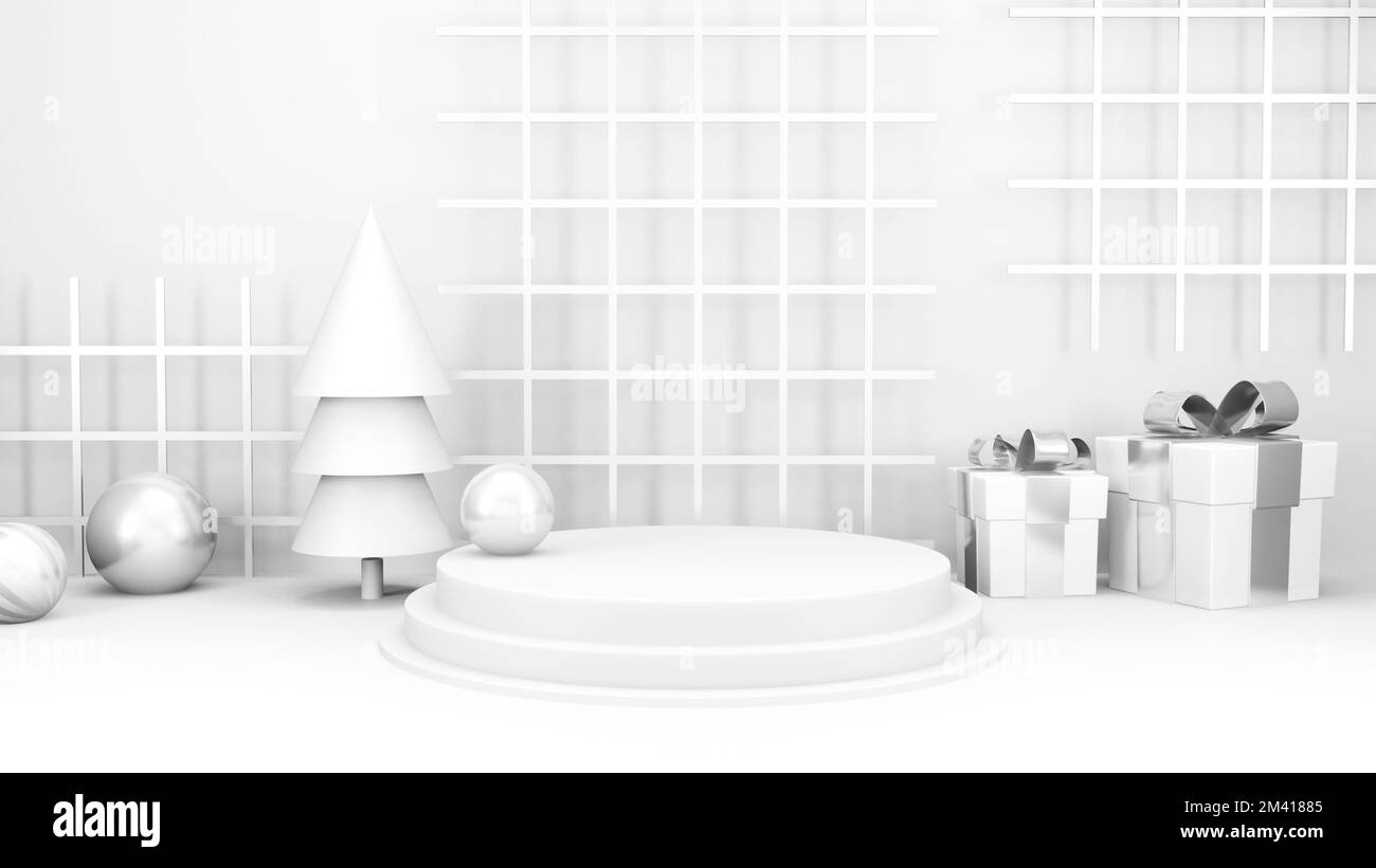 Empty stage with podium and Christmas decorations. Minimal mockup xmas ...