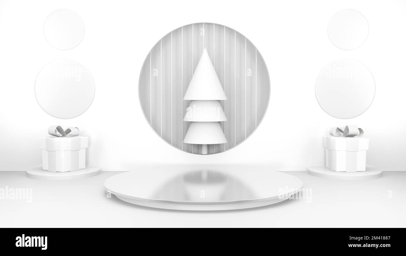 Empty stage with podium and Christmas decorations. Minimal mockup xmas ...
