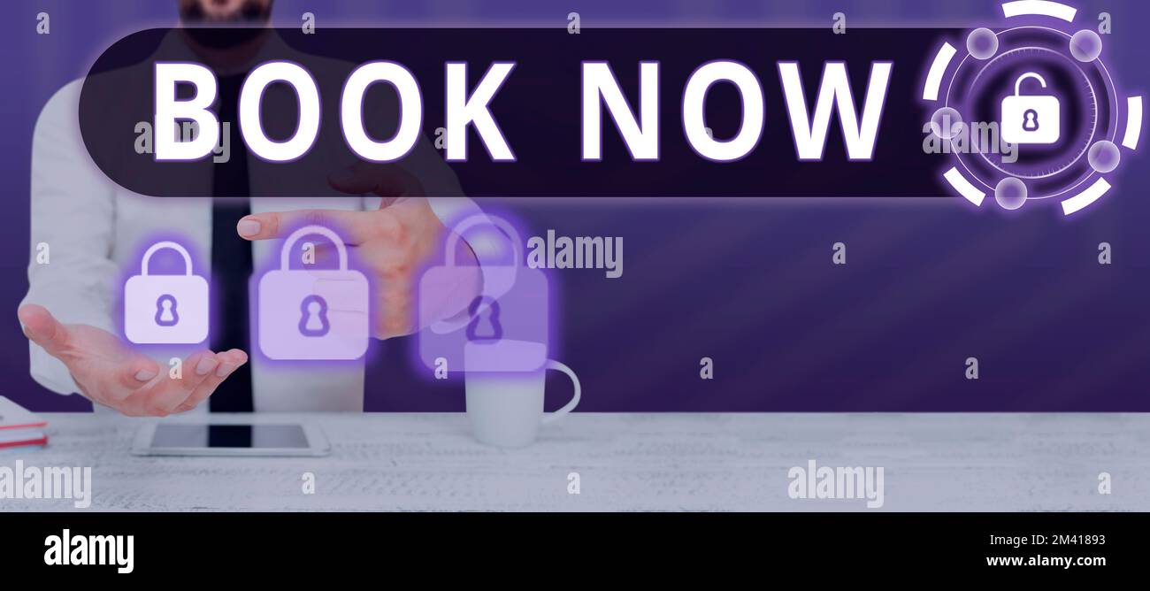 Sign displaying Book Now. Word for Make a reservation in hotel ...