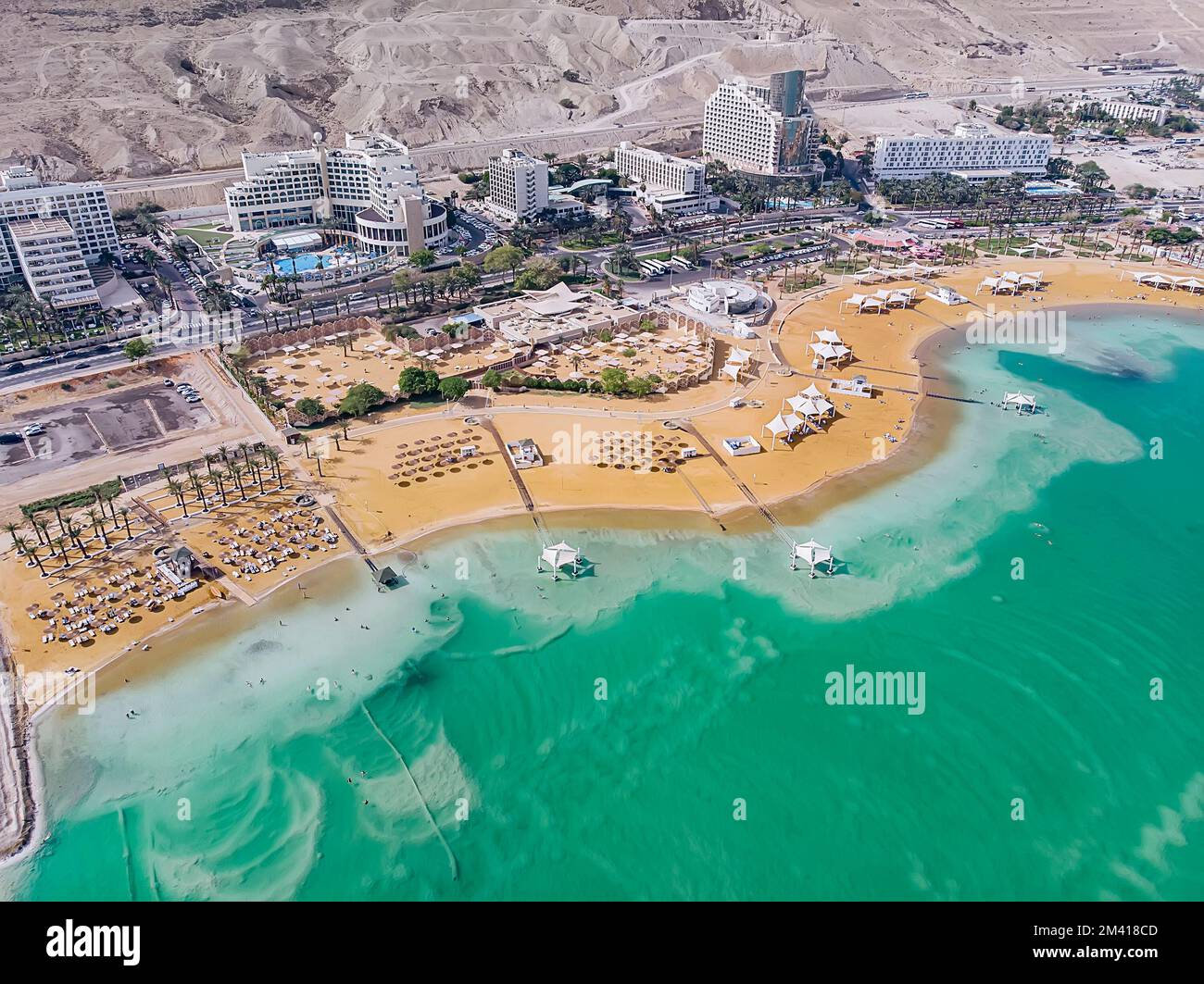 view of the beach at resort village of Ein Bokek. the view from the top. aerial view Stock Photo ...