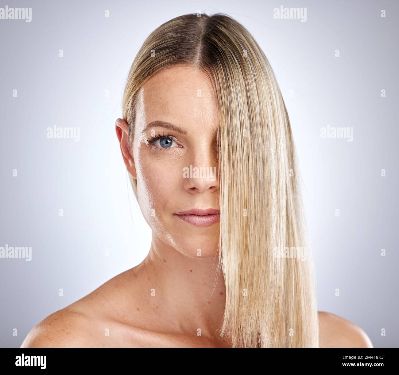 Woman, hair and portrait for beauty, makeup and cosmetics with natural ...