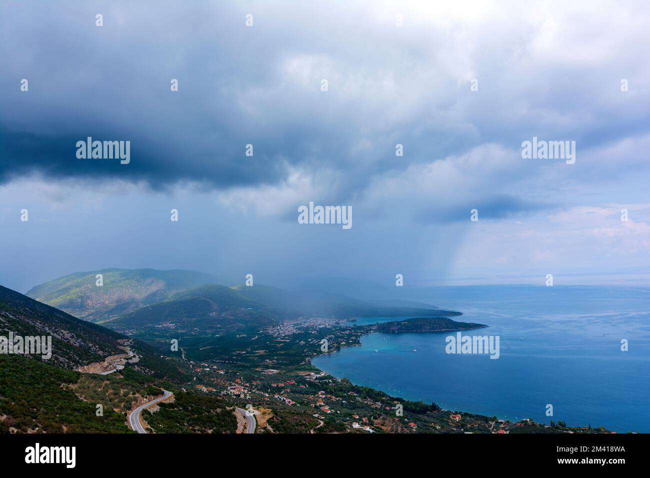 Panoramic view of the Saronic Gulf and the city of Palaia Epidavros on ...