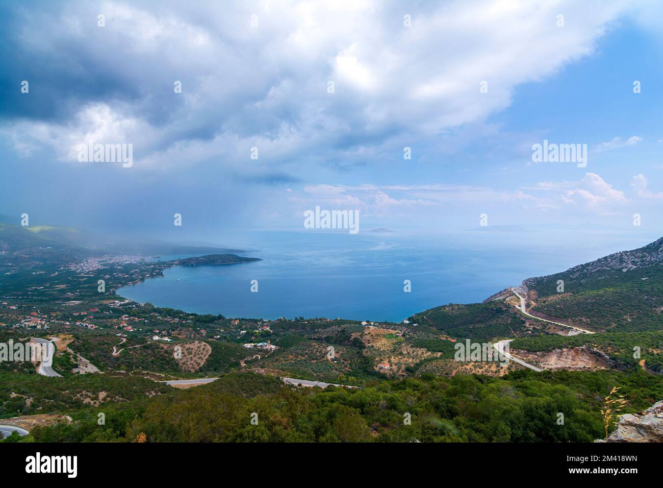 Panoramic view of the Saronic Gulf and the city of Palaia Epidavros on ...