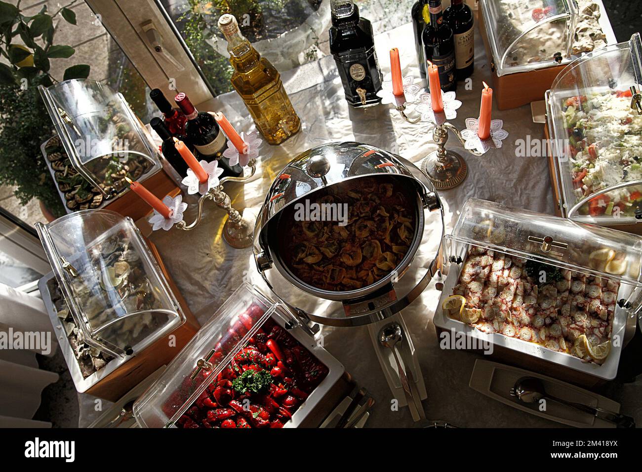 A top view of a table with catering and alcohol drinks Stock Photo - Alamy