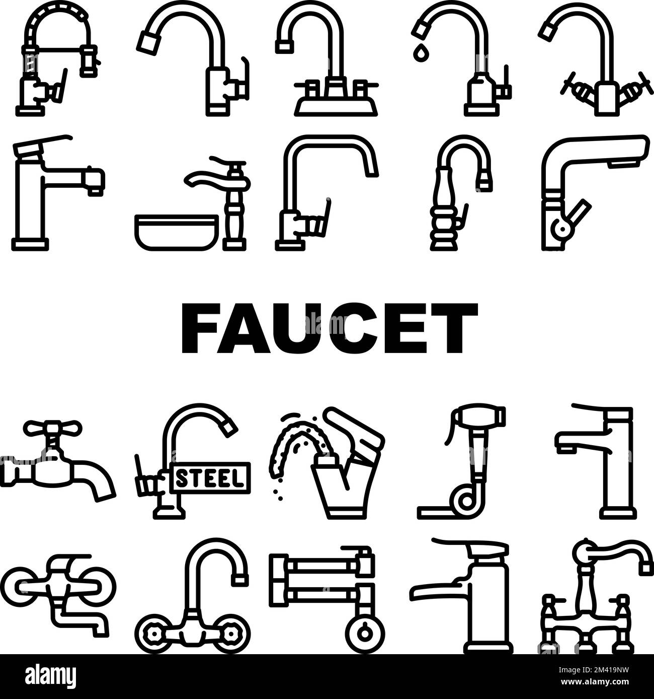 faucet water sink tap bathroom icons set vector Stock Vector Image ...