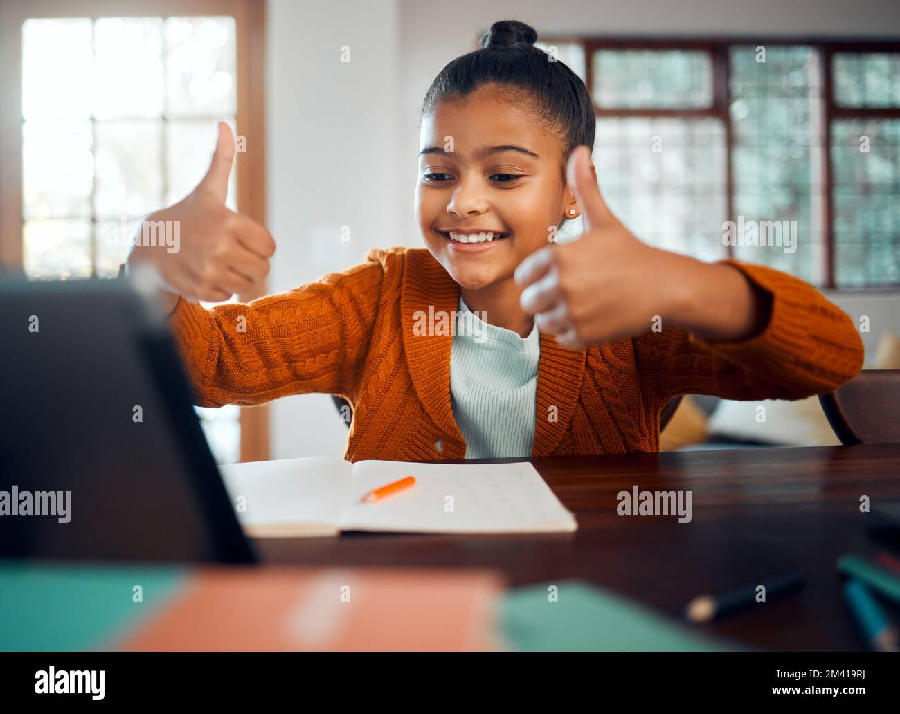 Girl, thumbs up and laptop for home school, video call and learning on ...