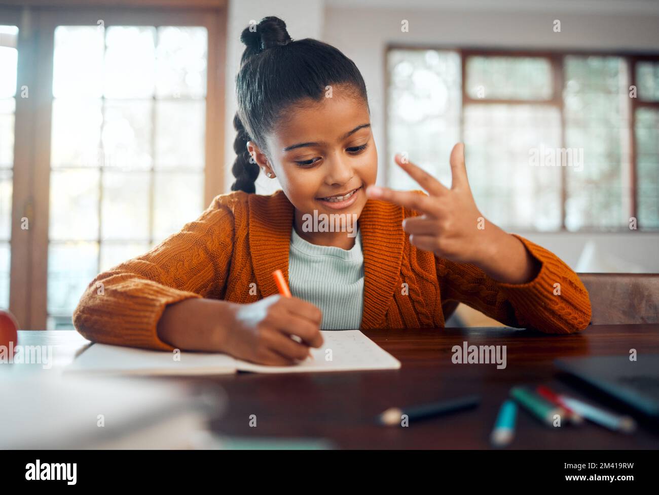 Home, math and child with numbers on hands for education, learning and ...
